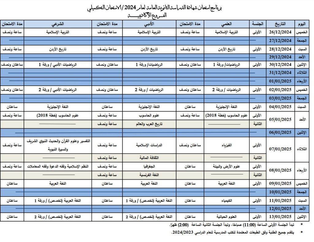 جدول امتحانات الثانوية العامة التوجيهي التكميلي 2024 / 2006 - وزارة ...